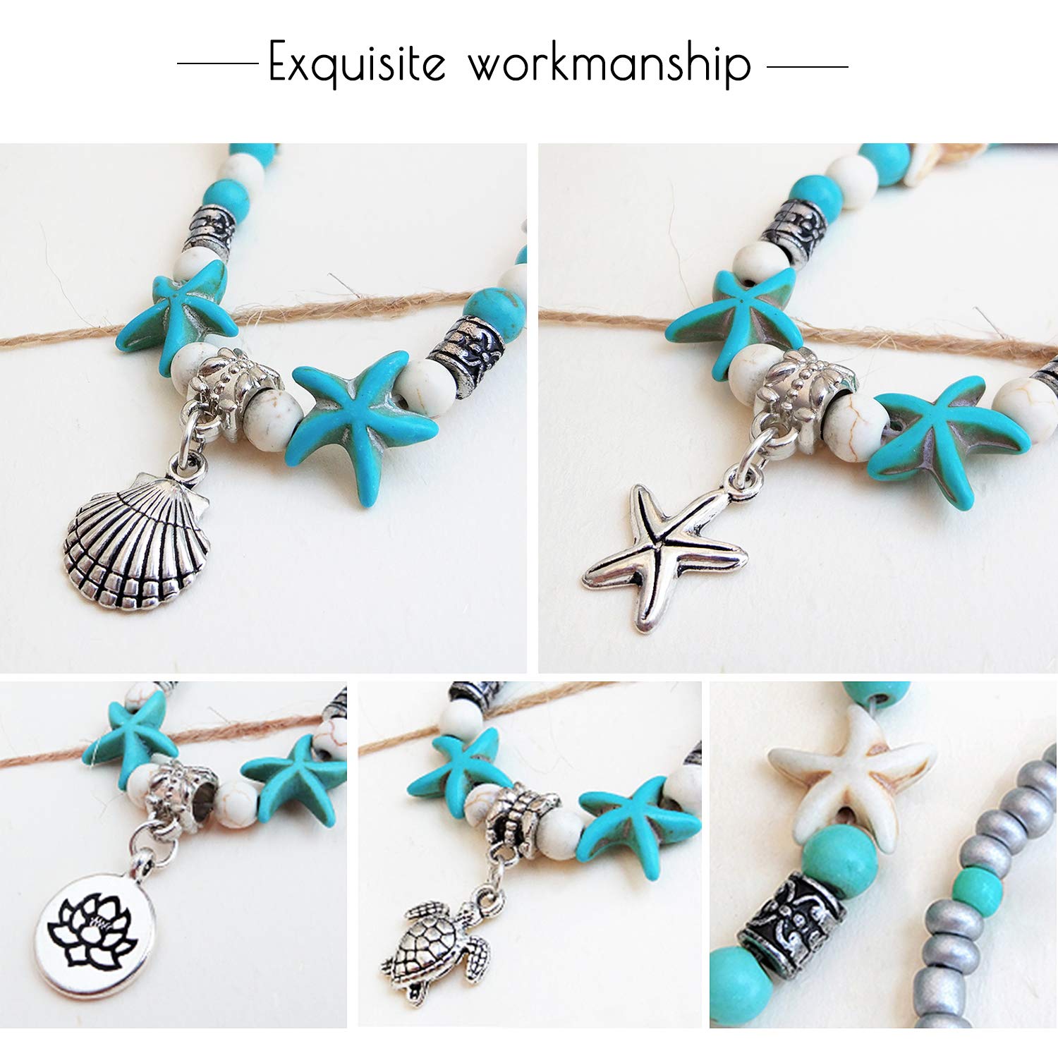 Suyi Sea Turtle Ankle Bracelet Set Multilayer Beach Anklets Handmade Boho Anklets for Women 5pcs