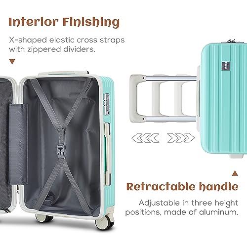 imiomo Carry On Luggage 20 Inch airline approved Hardside 3PCS Set Lightweight Rolling Travel Luggagewith TSA Lock, Suitcase with Spinner Wheels (GREEN+beige, Carry-On 20-Inch)