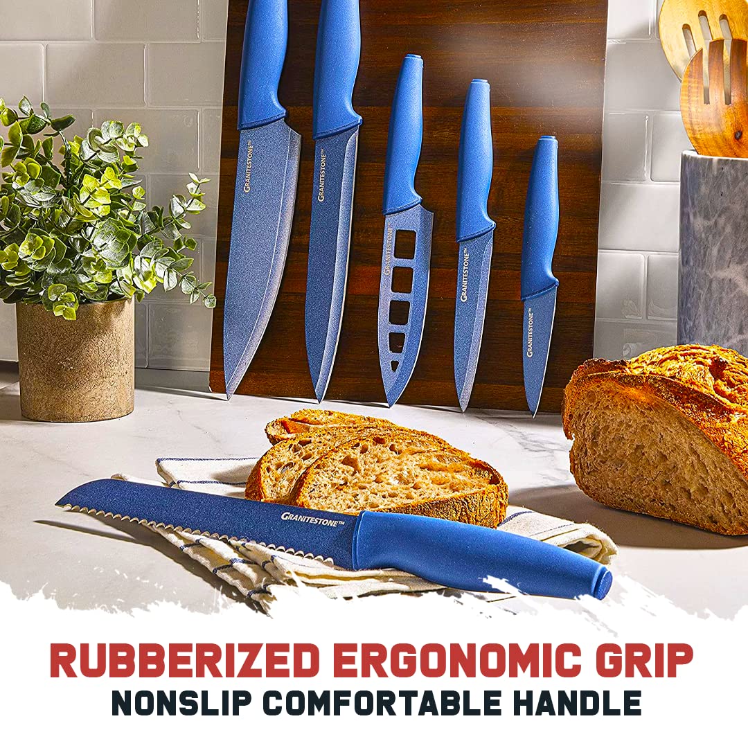 Nutriblade Knife Set with Block by Granitestone 6-Piece Professional Kitchen Chef’s Knives Ultra Sharp Stainless Steel Blades and Nonstick Granite Coating, Easy-Grip and Dishwasher-safe (Blue)