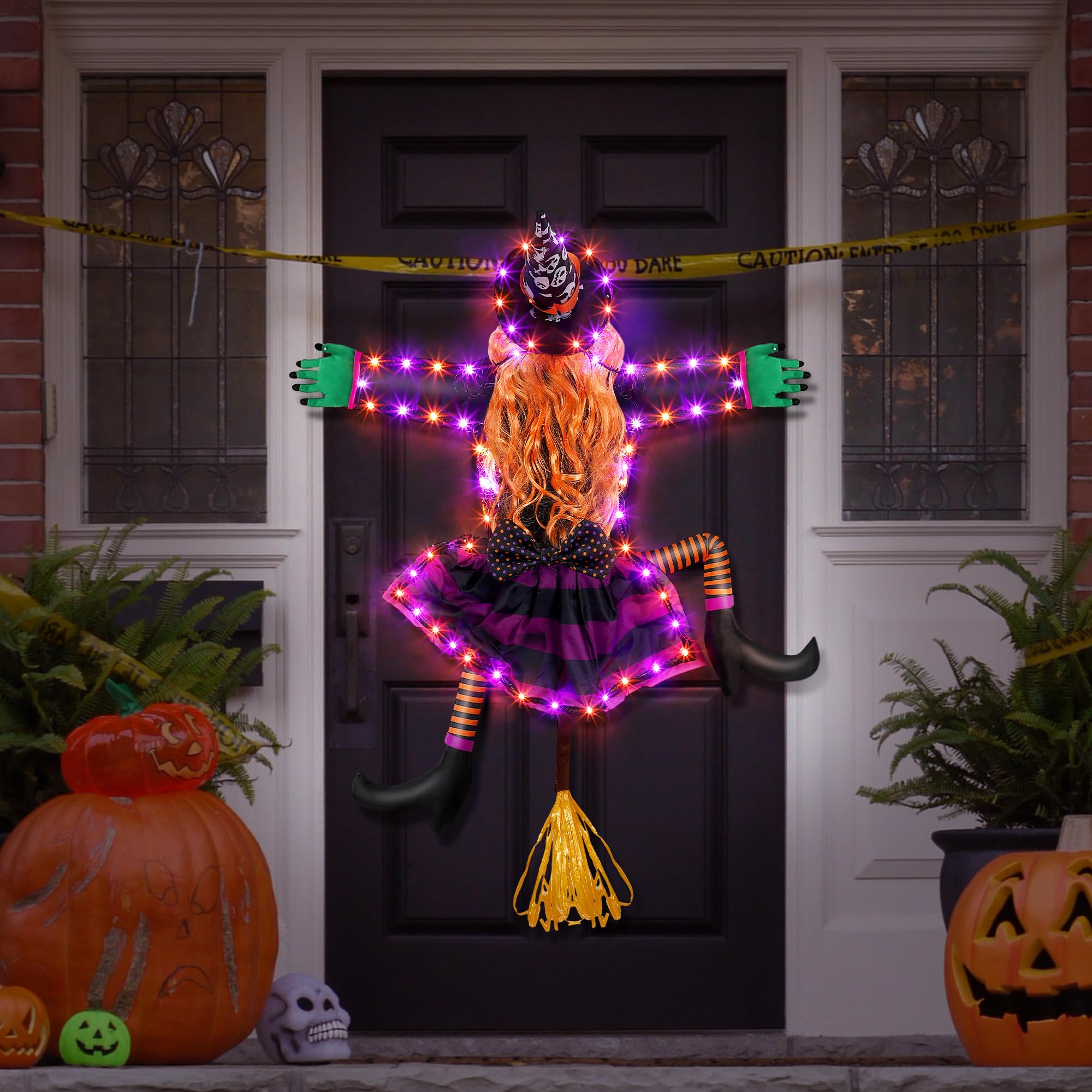 Crashing Witch into Tree Halloween Decorations (43 Inch Tall), Large Crashed Witch Sewed with Solar String Lights for Outdoor Porch Garden Patio Pathway Party Halloween Decor (Orange)