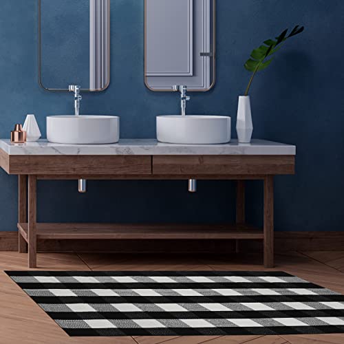 LulusVente Buffalo Plaid Outdoor Rug – 3’x5’ Machine Washable 3.5lbs Hotel Grade Thick Woven Yarn Black White Plaid Checkered Farmhouse Cotton for Indoor/Outdoor Front Porch Runner Layered Doormat
