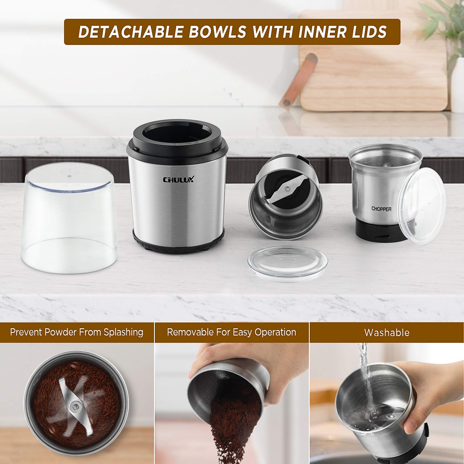 CHULUX Coffee Grinder Electric,Built-In Sharp Blade Spice Grinder with 2 Detachable Stainless Steel Bowls for Coffee, Spices, Herbs, Nuts, Grains,Lid Actived Safety Switch