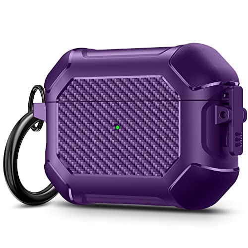 Maxjoy Compatible with AirPods Pro Case, Carbon Fiber Secure Lock Clip Full Body Shockproof Hard Shell Protective Case Cover with Keychain for AirPod Pro (2019), Purple