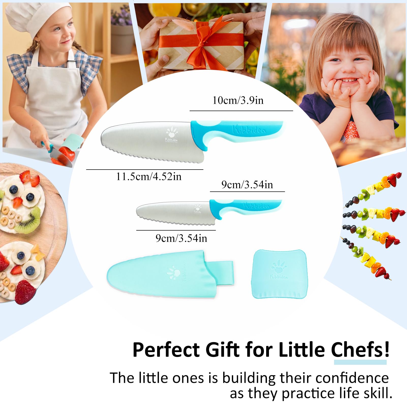 Kibbidea 4 Pcs kids knife set for real cooking, Kids First Cutting Knife Set, Round Tip Kids Friendly Kitchen Knife, BPA-free Stainless Steel Kids Chef Knife to Learn to Cook (Blue)