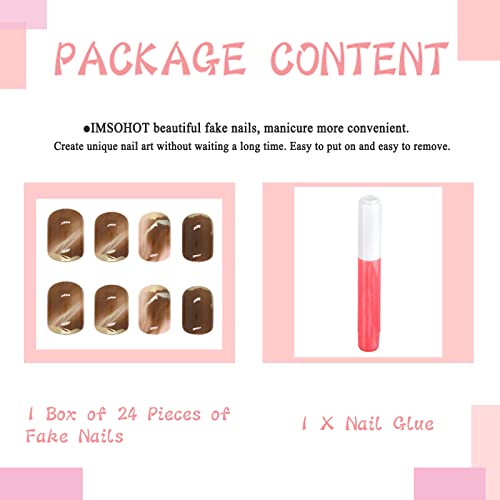 IMSOHOT Short Press on Nails Square Acrylic Fake Nails with Nail Glue Glossy Squoval False Nails Ombre Brown Nails for Women 24Pcs
