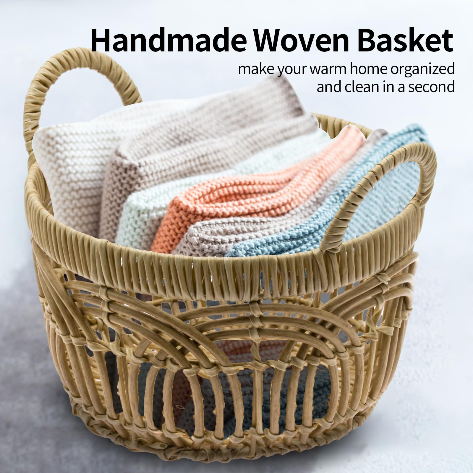 Handmade Woven Round Plastic Basket with Handle - Home Organizing, Storage Baskets, Shelf Basket, Cloth Storage, Toy Storage, Decorative Storage - Medium