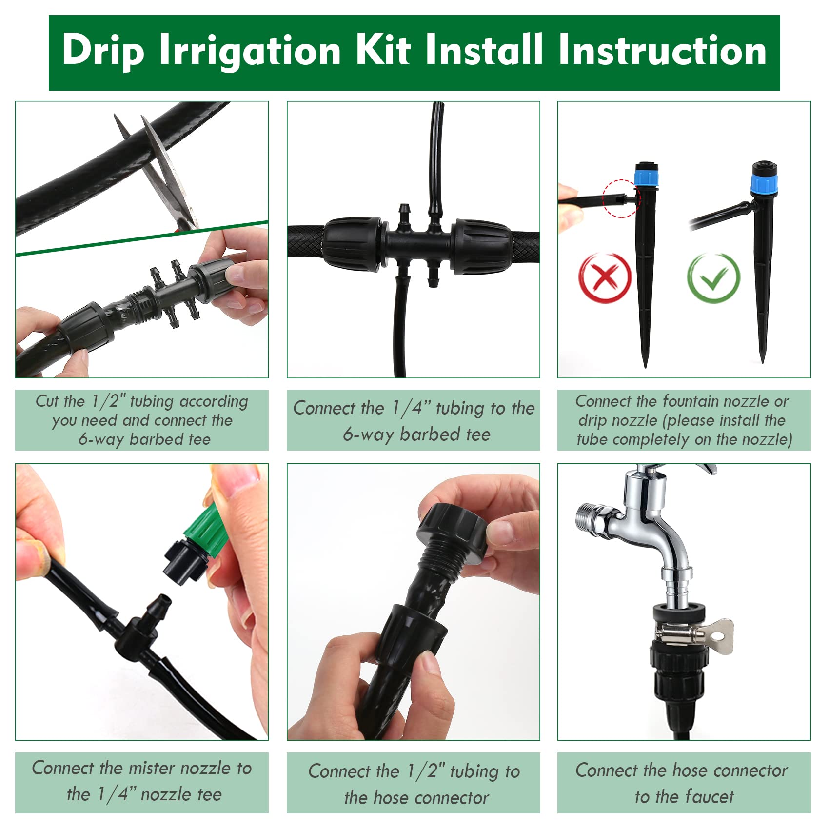 Flantor Drip Irrigation Kit, Irrigation System Garden Watering System with 26ft 1/2 inch and 200ft 1/4 inch Blank Distribution Tubing, Automatic Drip Irrigation with 6-Way Connector and Adjustable