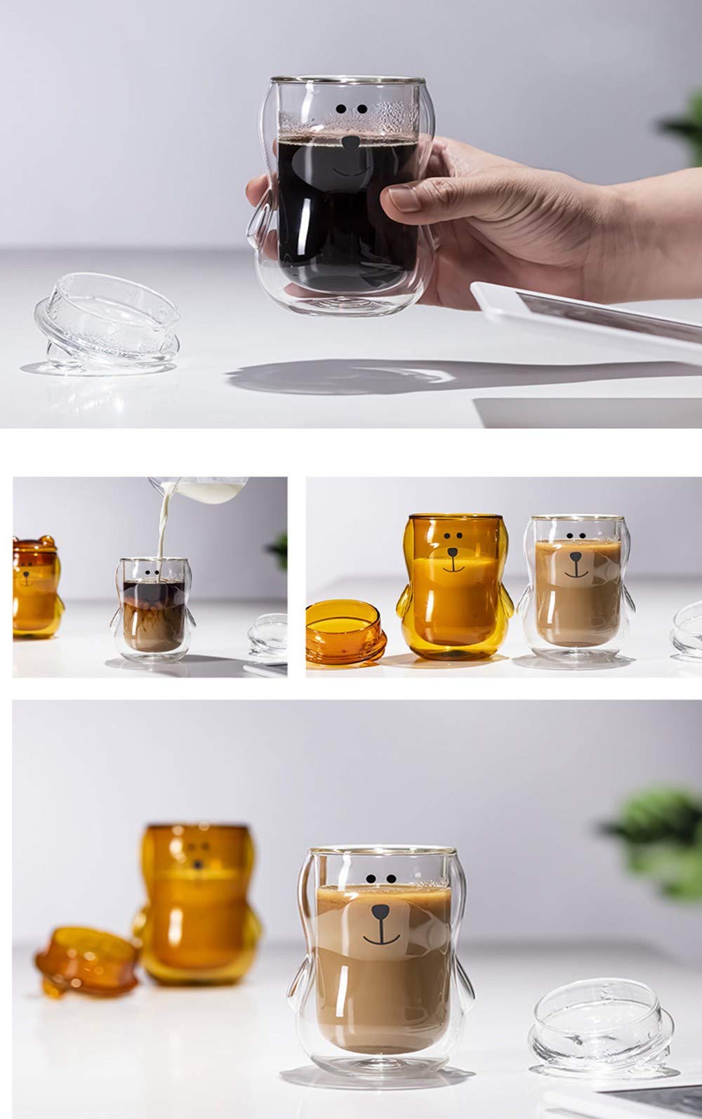 feb.7 Bear Cup, Double Wall, 300 ml Espresso Coffee Tea 3D Glasses Cup with Lid Heat-resistant Double Wall Milk Beer Juice Drinkware Christmas Cup (Transparent)