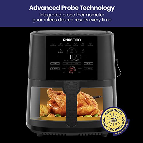 Chefman Air Fryer 8 Qt with Probe Thermometer, 8 Preset Functions, 1-Touch Digital Display Compact Cooker, Extra Large Nonstick Square Air Fryer Basket with Window, Dishwasher-Safe Parts, Black
