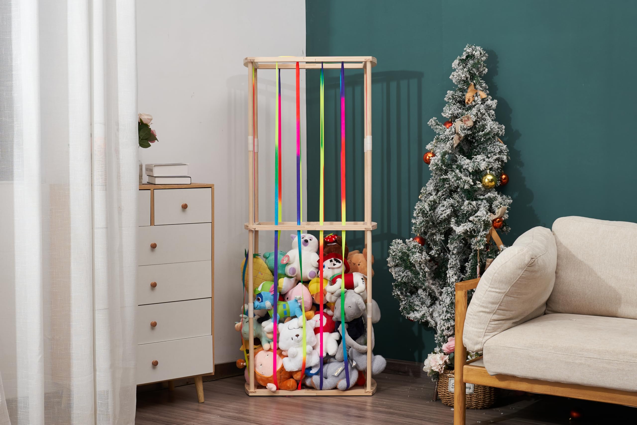 HAHASOLE Stuffed Animal Toy Storage Organizer, 59" Tall Wooden Large Stuffed Animal Holder with Rainbow Elastic Rope and Star String Lights, Zoo Cage for Nursery, Play Room, Bedroom…