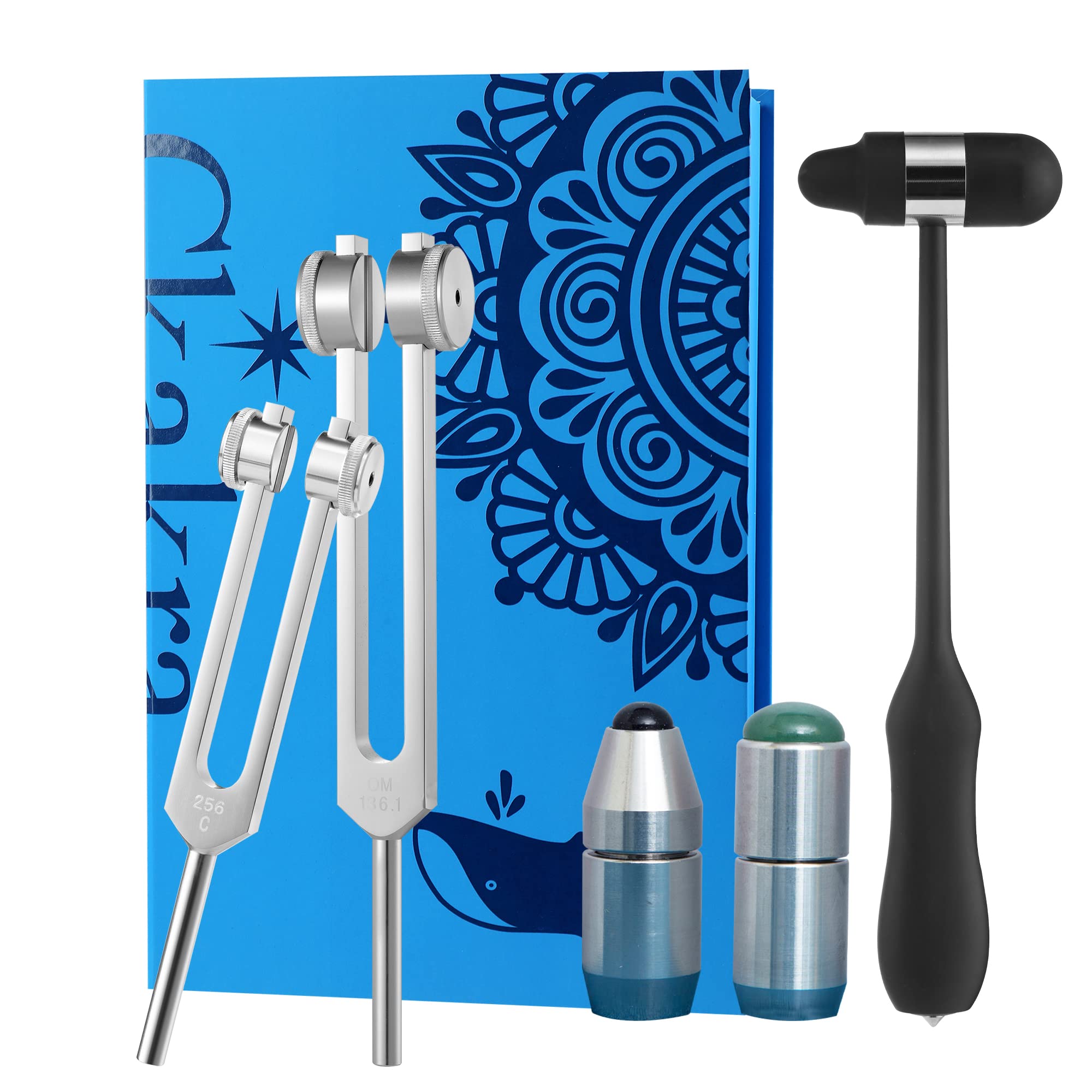 Ckakra Pack of 2 Weighted Tuning Forks with Natural Gemstone Feet for Body Healing,Activator Hammer for Tuning Fork,OM 136.1& 256C Frequency,Virbration Therapy Tools, Meditation&Reiki Instruments
