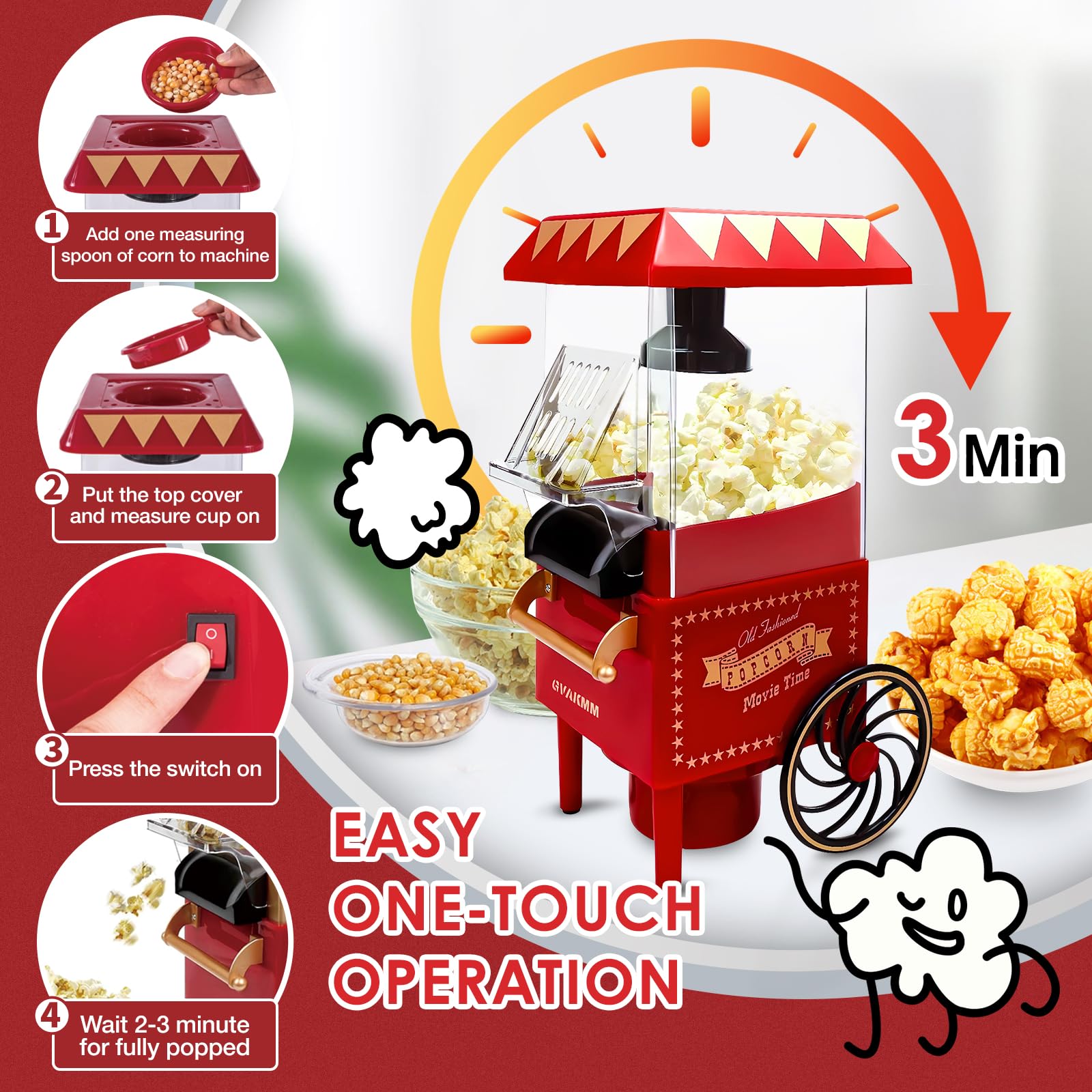 GVAKMM Popcorn Machine, Hot Air Popcorn Maker, Portable Home Popcorn Popper Machine, 10-Cup,Oil-Free,Retro Style,Compact and Cute