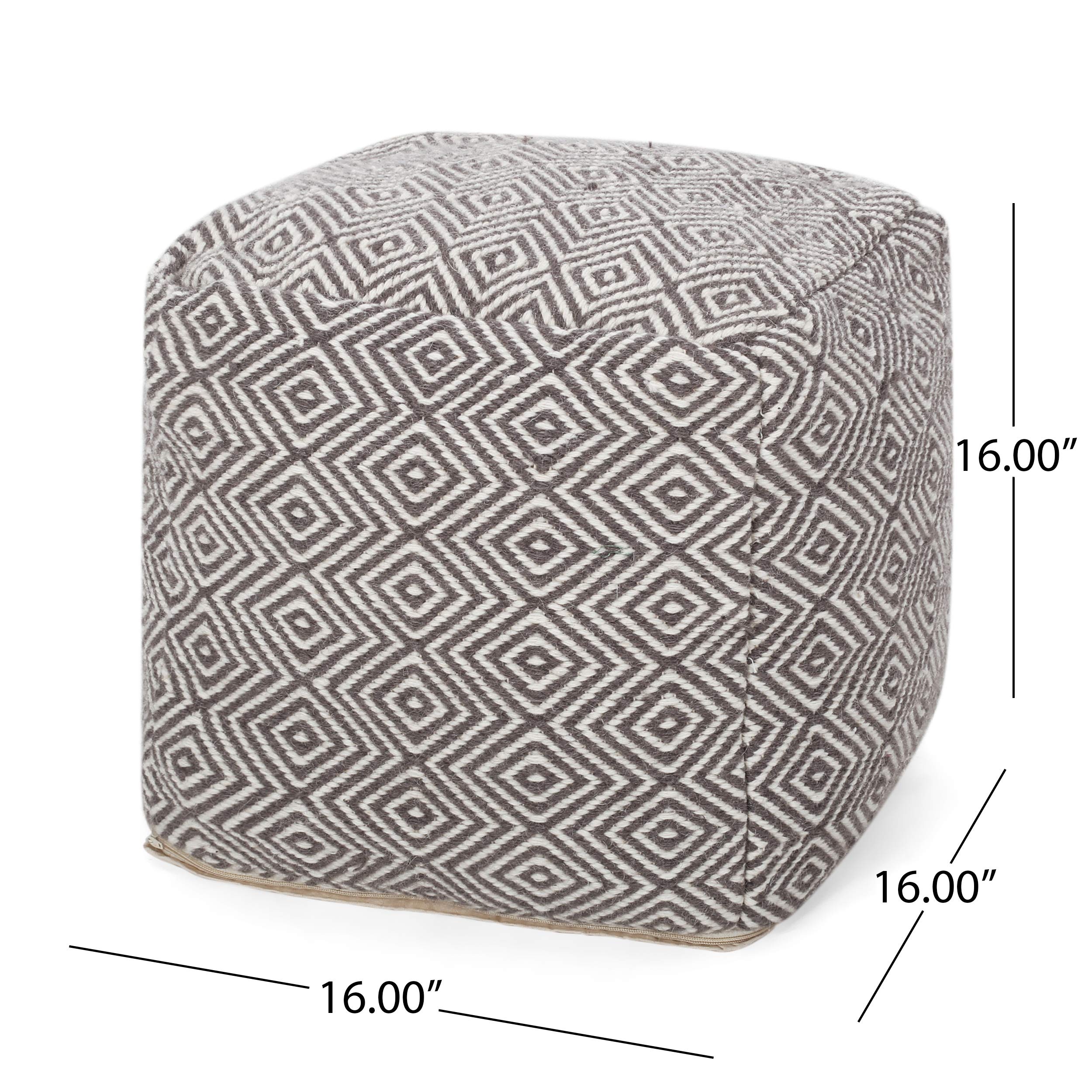 Christopher Knight Home Riley Hand-Loomed Boho Fabric Cube Pouf, Beige, Gray