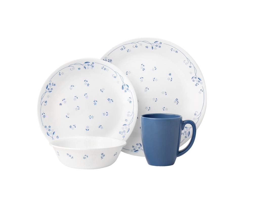 Corelle 16-Piece Vitrelle Glass Provincial Blue Chip and Break Resistant Dinner Set, Service for 4, Blue