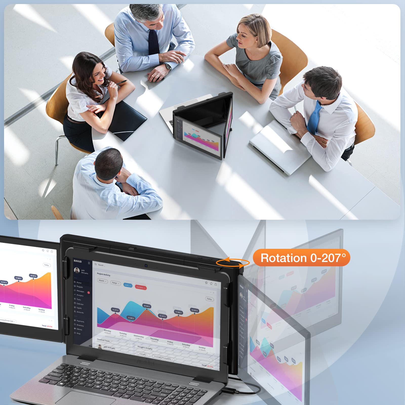 FLYTOCCA 12'' Laptop Monitor Extender, Portable Monitor for Laptop, 1080P Full HD IPS Laptop Screen Extender, Plug and Play No Driver, for 13.3β-16.5β Windows Laptop