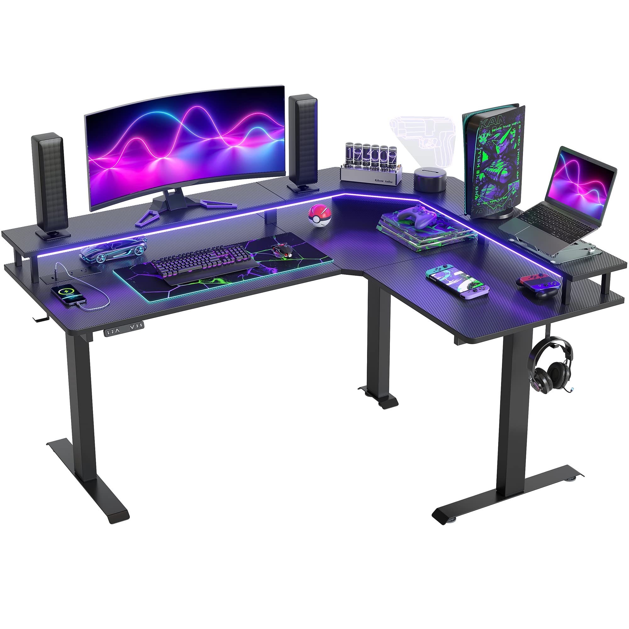 FEZIBO Triple Motor 63" L Shaped Standing Desk with 3 Drawers, Electric Standing Desk Adjustable Height, Corner Stand up Desk with Splice Board - Light Walnut