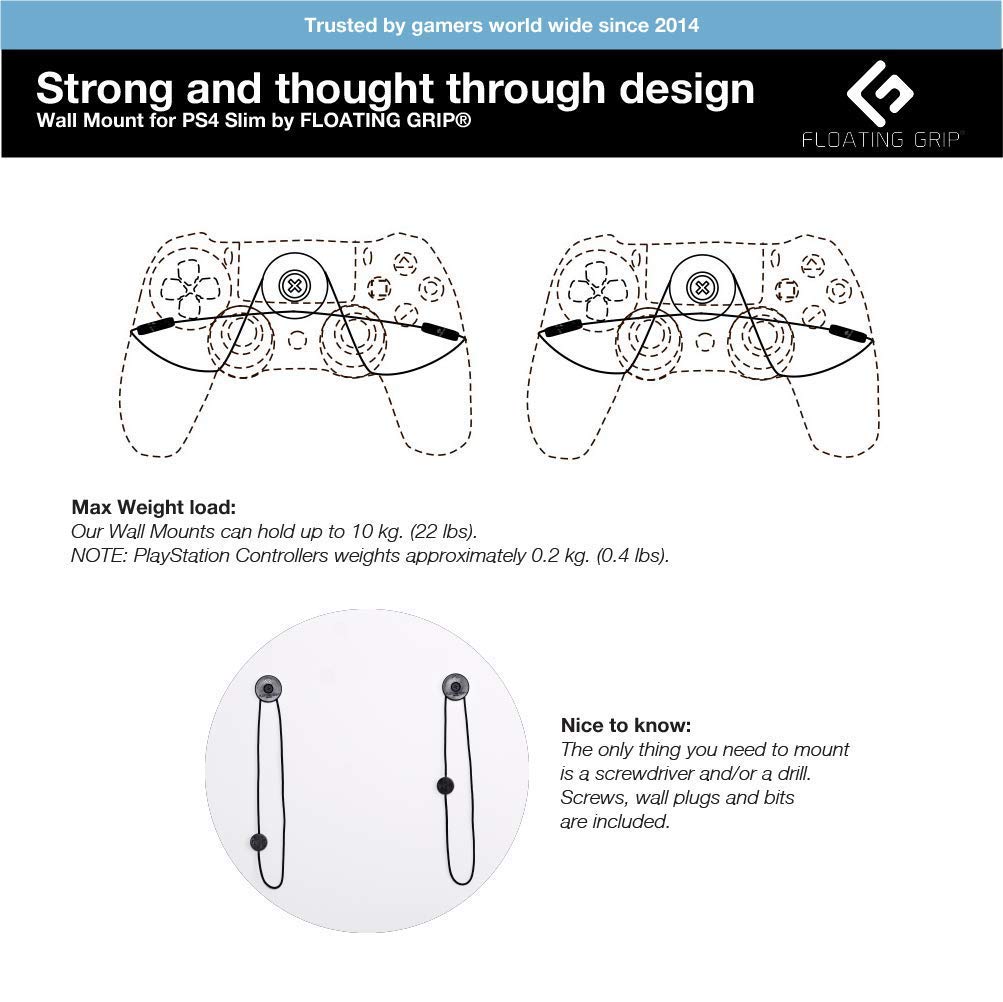 PS4 / PlayStation 4 Wall Mount system by FLOATING GRIP - Wall Mount hanging kit for displaying PS4 and 2x Controllers on the wall (Bundle: Fits PS4 + 2x Controllers, Black)