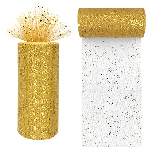 levylisa Glitter Tulle Rolls 6 Inch by 50 Yards Gold Fabric Spool Tulle Ribbon for DIY Tutu Birthday Party Wedding Decorations Christmas Craft Supplies