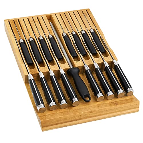 EcoFives In-Drawer Knife Block,Bamboo Knife Drawer Organizer Insert, Kitchen Knife Drawer Storage for 16 Knives a Slot for your Knife Sharpener (Without Knives)