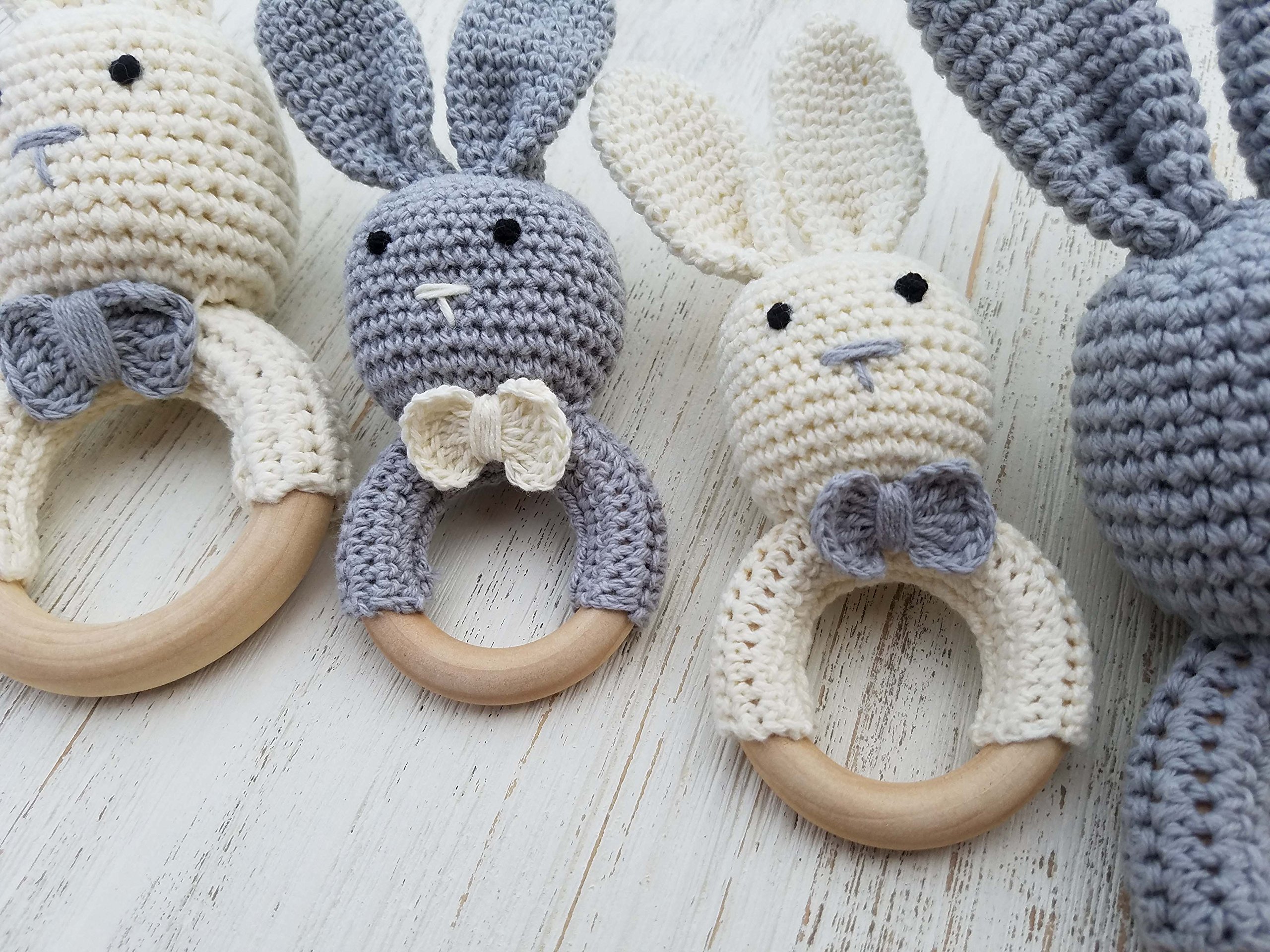 Natural Wooden Baby Toys Cotton Crochet Bunny Teething Ring Teether Rattle Set of 2 Newborn Unisex Baby (Grey Mama White Baby)