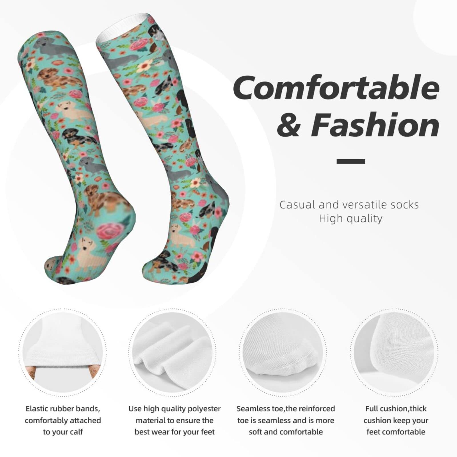 chegna Dachshunds Florals Compression Socks for Women & Men Circulation 15-20 mmHg is Best Support for Athletic Running Cycling, White, 10463