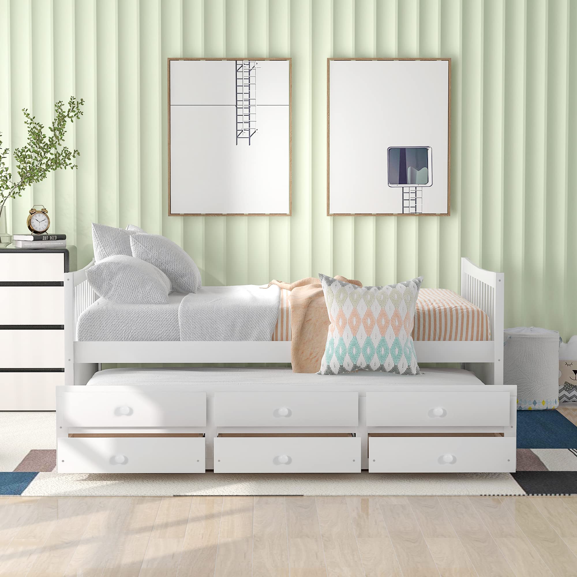 Harper & Bright Designs Full Size Daybed with Twin Size Trundle and 3 Storage Drawers, Wood Full Captainās Bed with Trundle Bed, Full Platform Bed Great for Kids Guests Sleepovers (White)