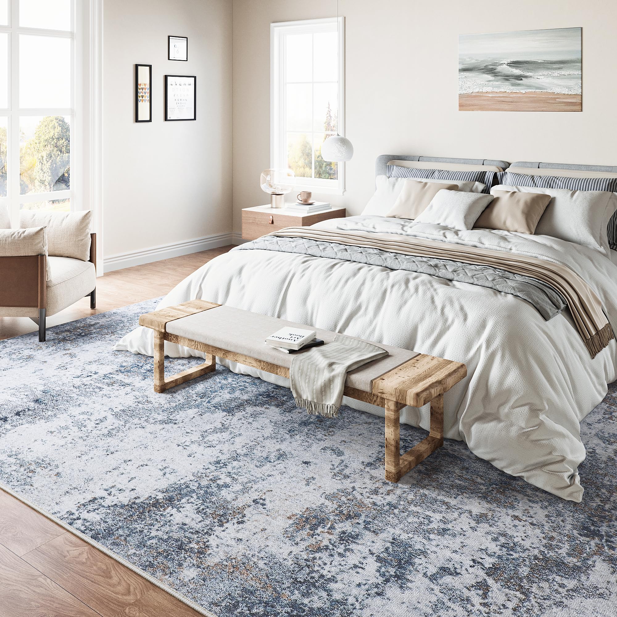 HUGEAR 5x7 Washable Rugs Grey Blue Hallway Area Rug Indoor Accent Rug Abstract Non Slip Low Pile Carpet Distressed Throw Aesthetic Rug for Bedroom Living Room Office Dining Room Kitchen Laundry Room