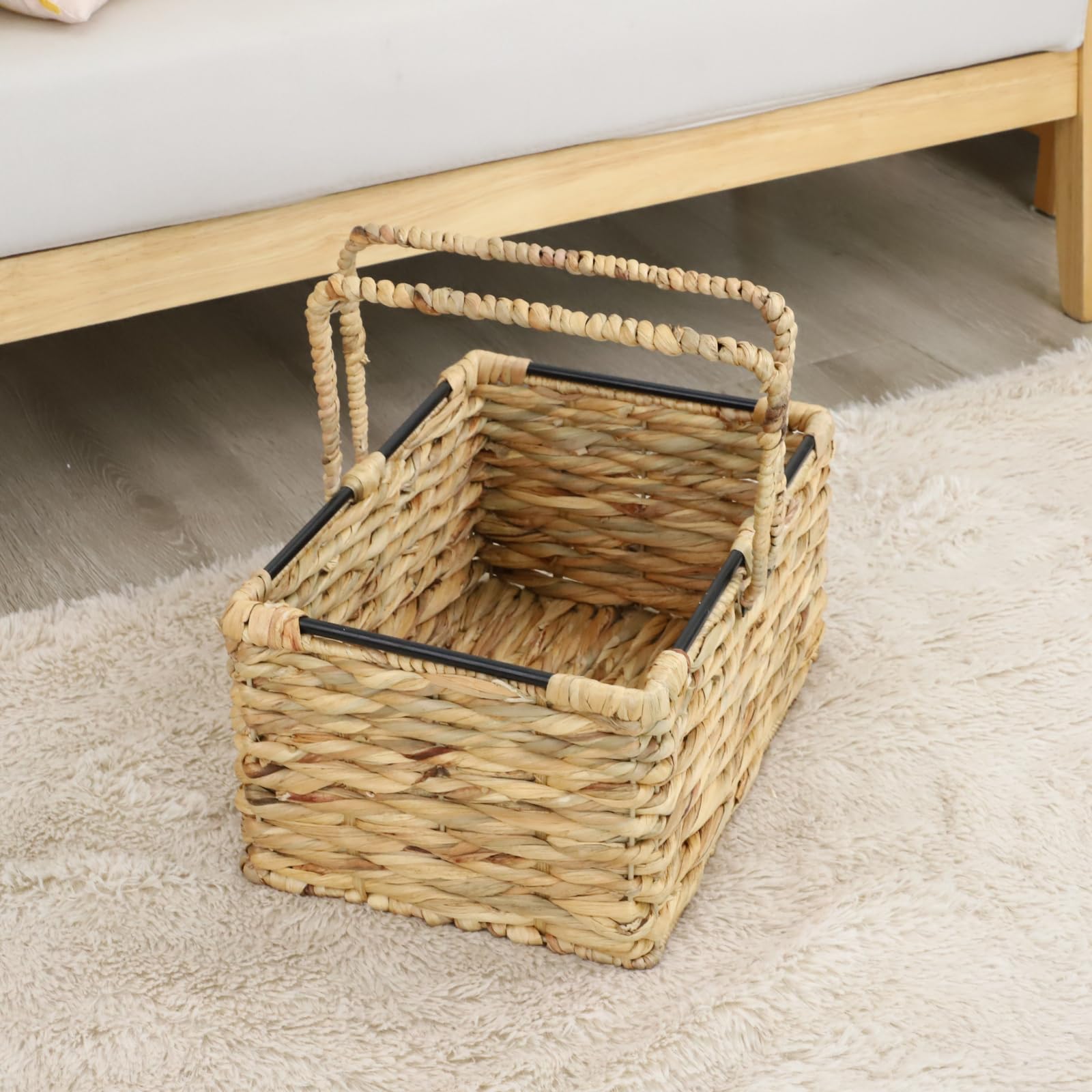 GYASVWU Rectangular Water Hyacinth Storage Baskets,Wicker Basket for Organizing,Woven Rattan Storage Basket with Handle for Bedroom/Picnic/Pantry (Original)