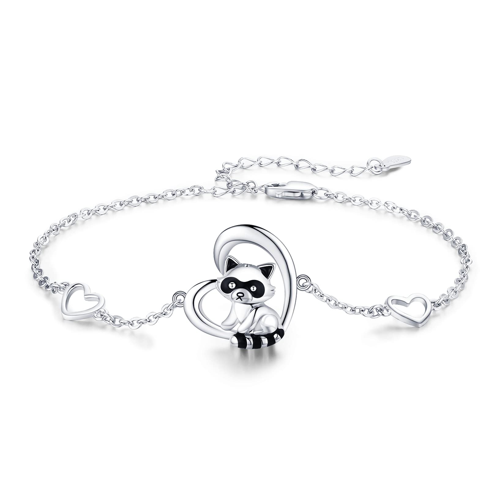 CHENGHONG Raccoon Bracelet Gifts 925 Sterling Silver Heart Charm Bracelet Raccoon Bracelet Animal Jewelry Gifts For Women