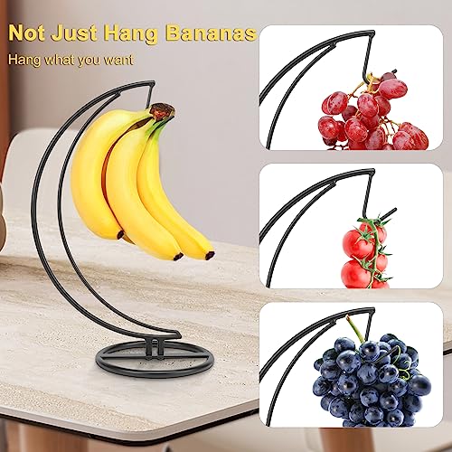 Winmien Banana Holder Stand, Stable Metal Freestanding Banana Hanger with Hook, Moon Shape Modern Banana Storage Design, Keep Fruits Fresh, Banana Keeper for Kitchen Countertop (Black)