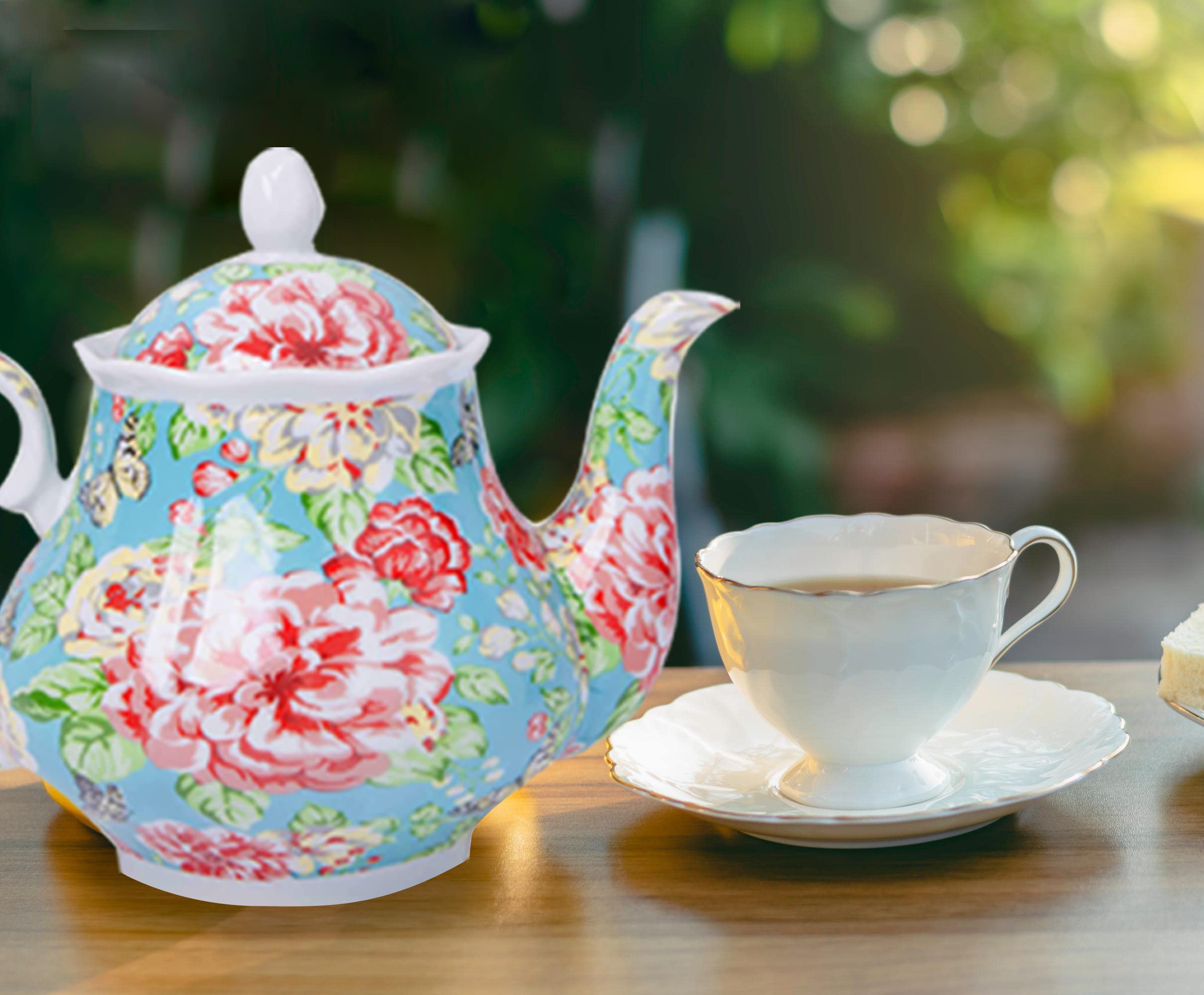 European Style Ceramic Teapot Coffee Pot Water Pot Porcelain Vintage Gift Tea Pot - 37 Oz - May Blossom