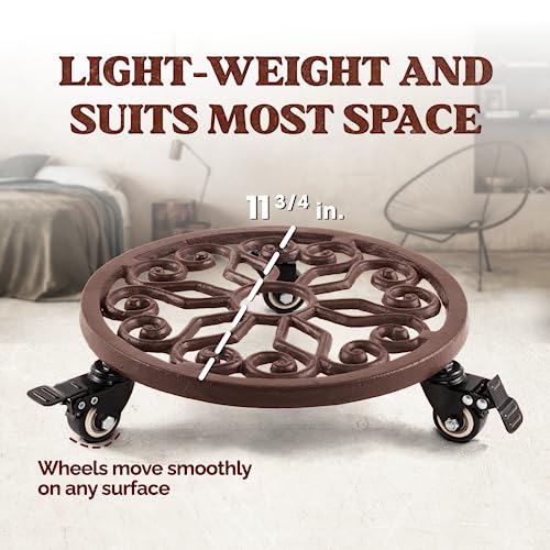 Idzo Cast Iron Caddy Plant Dolly with Lockable Caster Wheels for Indoor Outdoor Holds up 380 Lbs Pots Planter, 12 inch, Round Metal