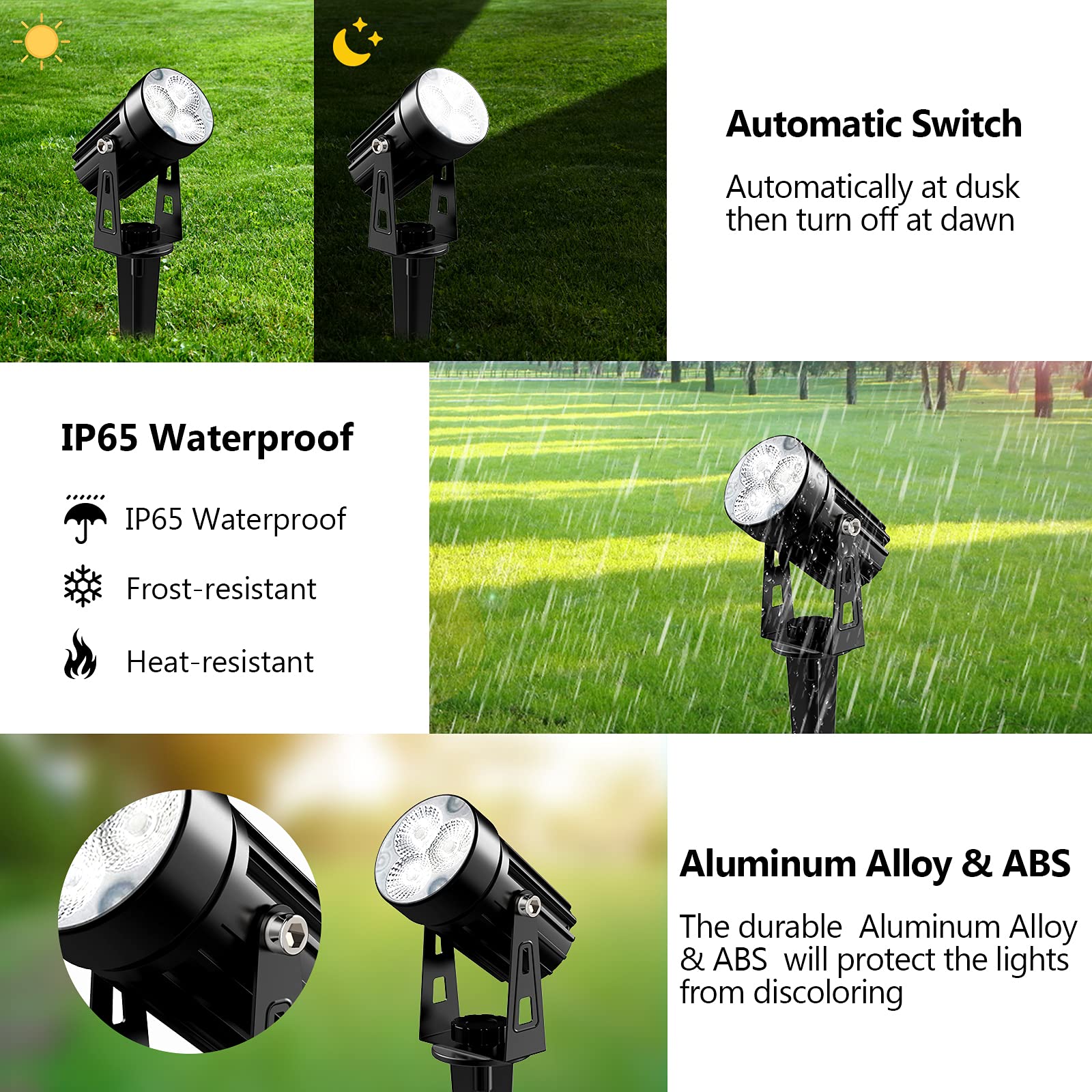 T-SUN Solar Landscape Spotlights Outdoor, Solar Powered Garden Spot Lights IP65 Waterproof Auto ON/Off Wall Lights for Lawn, Patio,Pool Area,Yard (6000K) (4 in-1)