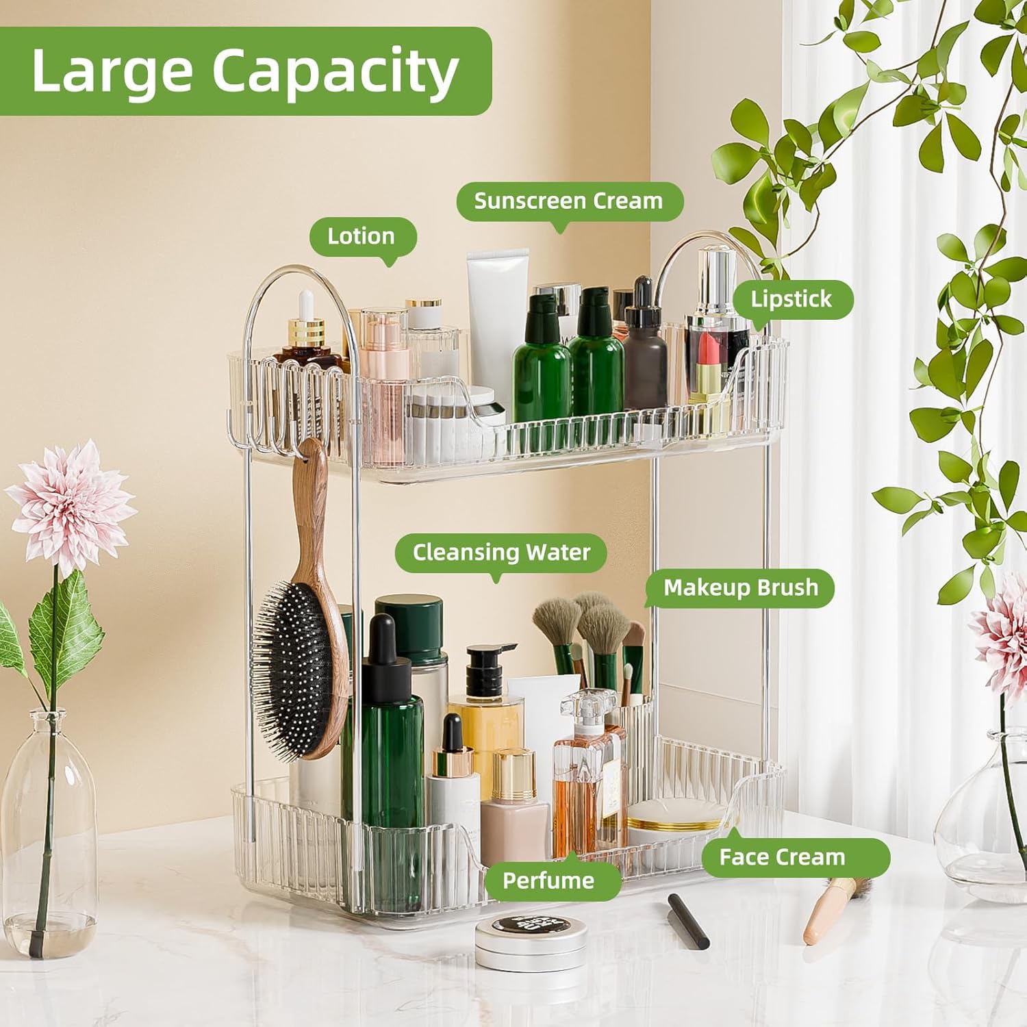 Kinkota 2 Tier Bathroom Organizer Countertop, Plastic Bathroom Counter Organizer, Vanity Tray Shelf Storage with Hooks, for Makeup/Kitchen Spice Rack, (Clear)