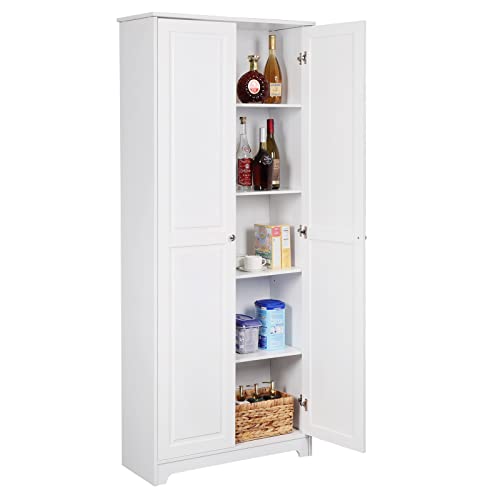 VINGLI Tall Pantry Storage Cabinet, 72'' Kitchen Pantry Cabinet, Freestanding Room Storage, Cupboard, 2 Door Pantry for Laundry Room, Kitchen, Apartment, Solid Wood, White