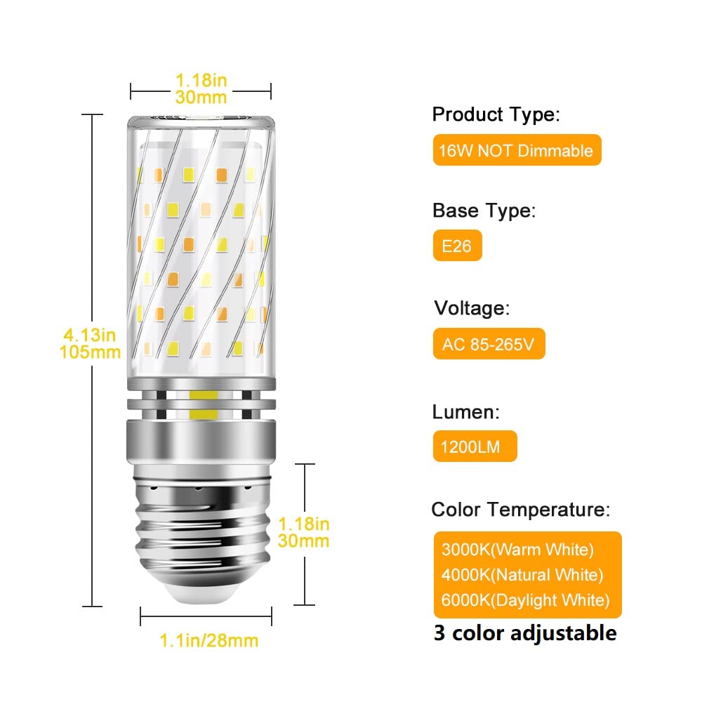E26 LED Bulb 100 Watt Equivalent, 1200LM Bright Daylight 6000K Warm 3000K Natural White 4000K 3 Colors Adjustable, E27/E26 Medium Base LED Bulbs for Ceiling Fan Chandelier 6 Pack