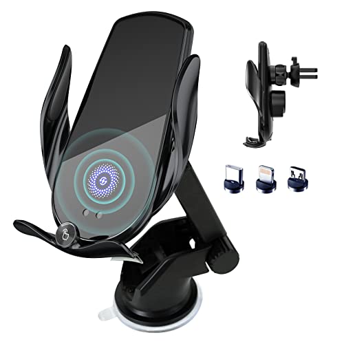 Wireless Car Charger,15W Fast Charging, Phone Holder Mount, Auto Clamping, Phone Mount Phone Holder for iPhone 14 13 12 11, Samsung Galaxy S23+ S22, etc