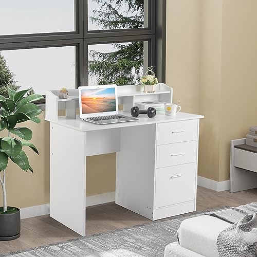 Karl home White Computer Desk with Drawers & Hutch, Modern Home Office Desks with Storage for Kids Students Teens, Small Wood Table for Work Study Gaming Writing, PC Laptop Workstation