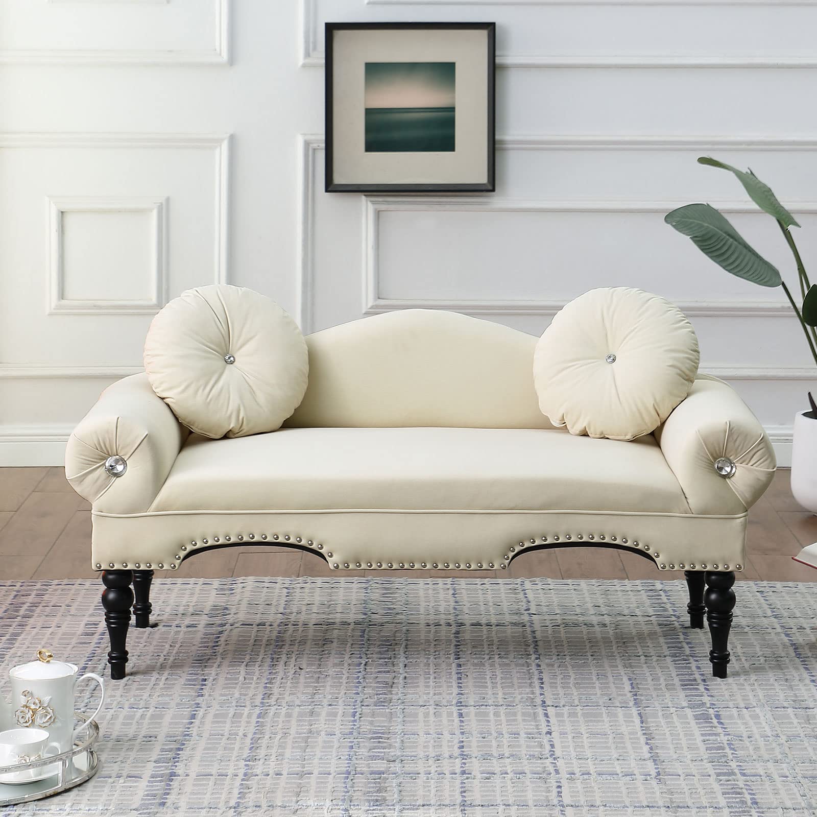 GNIXUU 54 β Velvet Small Loveseat Sofa, Mid Century Modern Love Seat Couch Settee Tufted 2 Seater Couches Bedside Entryway Bench with 2 Pillows Nailhead Trim for Bedroom, Living Room(Beige)
