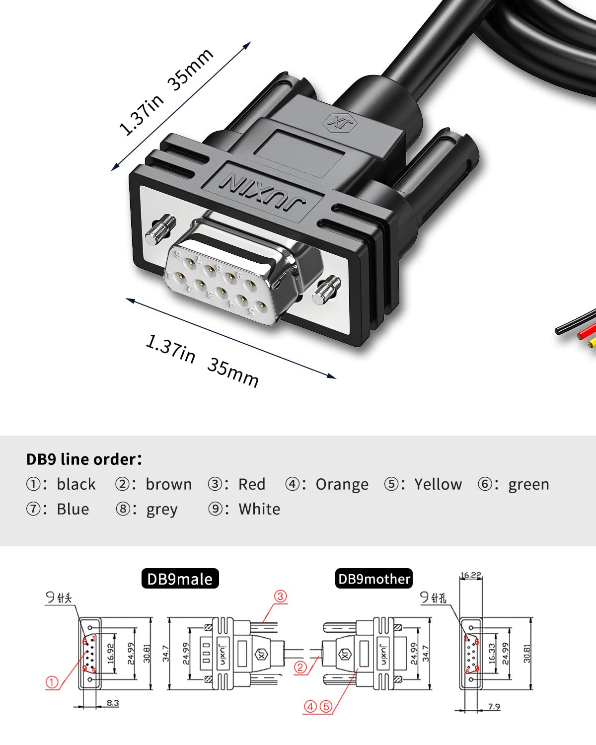 JUXINICE DB9 Extension Cable 9 PIN Female Connector to Bare Wire D-SUB 9-Pin RS232 Serial Cable with Bare Wire End Cable (DB9 Female, 3FT)