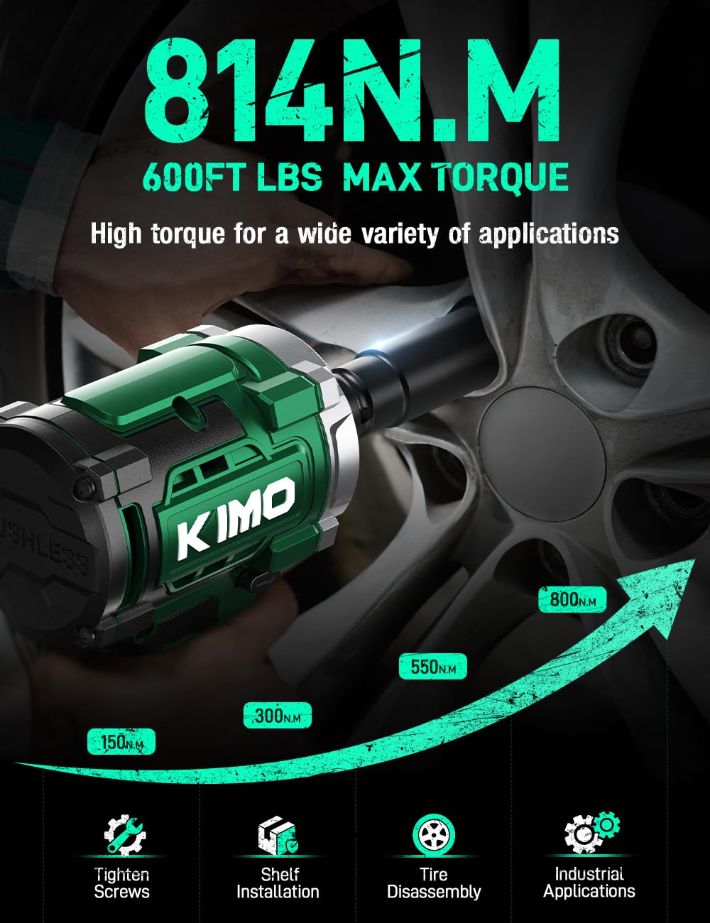 KIMO Impact Wrench 1/2 Inch with 814N.M/600ft-lbs Max Torque, 3 Mode Setting, 2 x 3000mAh Batteries, 3000 RPM, 1 Hour Fast Charger, 1/2 Impact Gun with Variable Speeds, 20V Impact Driver for Car Home