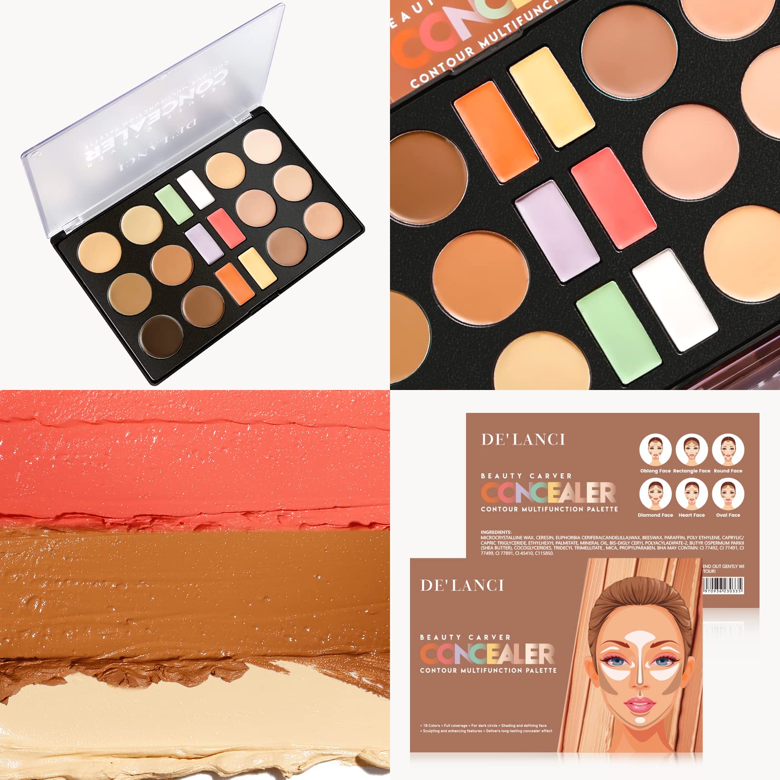Cream Contour Concealer Palette,DE'LANCI 18 Color Contour Highlighting Makeup Palettes Kit,Contouring Pallet for Dark Circles,Redness,Natural Concealing Foundation Full Coverage,Cruelty Free