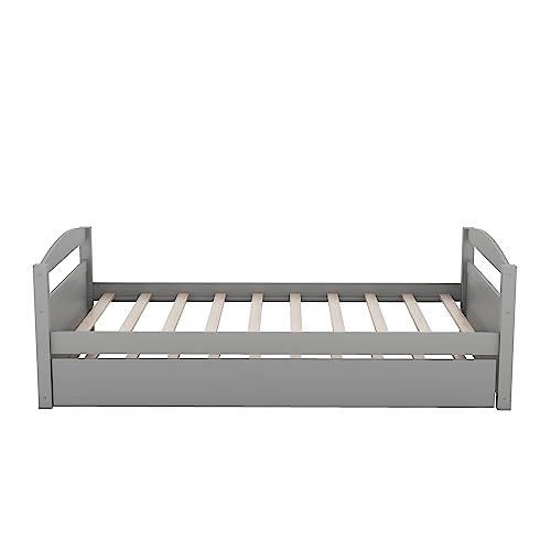 Harper & Bright Designs Twin Daybed with Trundle, Solid Wood Bed Twin Size Bed Sofa Platform Bed Frame, No Box Spring Needed (Twin Size, Gray)
