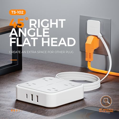 Flat Plug Surge Protector Power Strip, TESSAN 5 ft Ultra Thin Extension Cord with 3 USB Wall Charger(1 USB C Port), 4 Outlets Slim Desk Charging Station for Travel, Office, Dorm Room Essentials