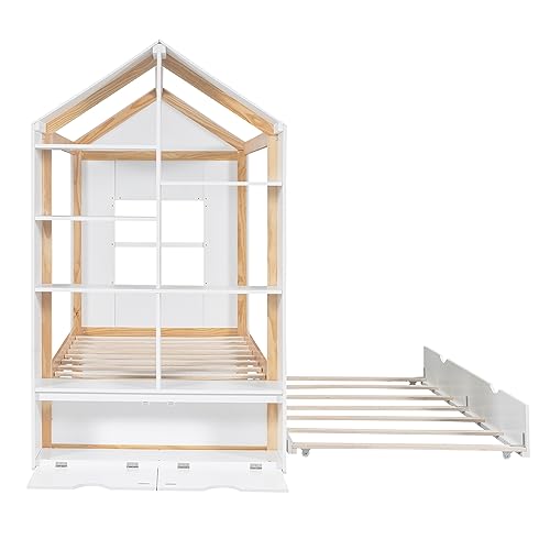 Harper & Bright Designs Twin House Bed for Kids,Wood House Bed with Trundle,Twin Size Platform Bed with Storage Shelves and Window,Twin Playhouse Bed for Girls Boys,White