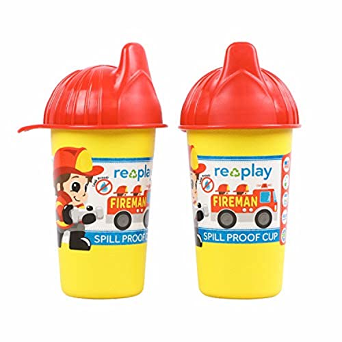Re Play Made in USA 2pk Toddler Feeding No Spill Sippy Cups | 1 Piece Silicone Easy Clean Valve | Eco Friendly Heavyweight Recycled Milk Jugs - Virtually Indestructible | Specialty Fireman Helmet Lid