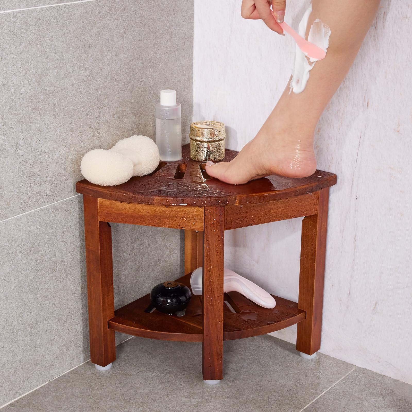 HouseJoy Corner Shower Bench with Shelf, Corner Shower Stool for Shaving Legs, Shower Foot Rest Waterproof Bathroom Bench -Bath Seat, Spa Foot Rest Shaving Stool Corner