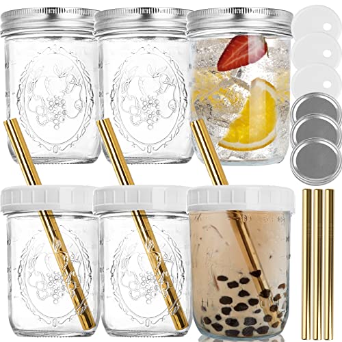 Dicunoy Set of 6 Drinking Mason Jar with Lids and Straws, 16OZ Wide Mouth Glass Bubble Tea Cup, Reusable Smoothie Cups, Canning Jars for Preserving, Meal Prep, Overnight Oats, Jam