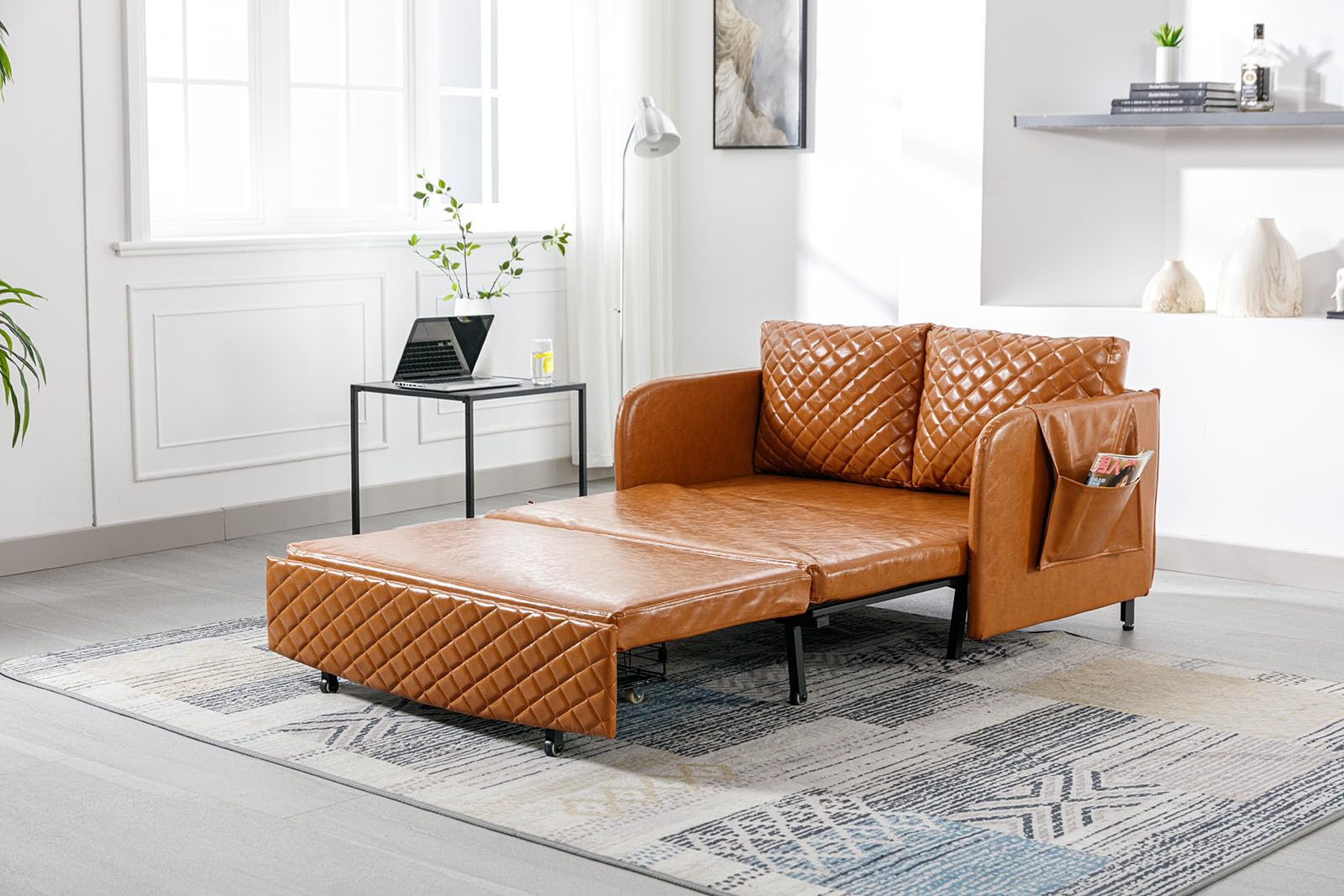 KINFFICT PU Leather Pull Out Sofa Bed, Convertible Small Loveseat Sleeper with Storage Drawer and 2 Pillows, 2 in 1 Futon Couch with Removable Pocket, Modern Love Seat for Living Room, Light Brown