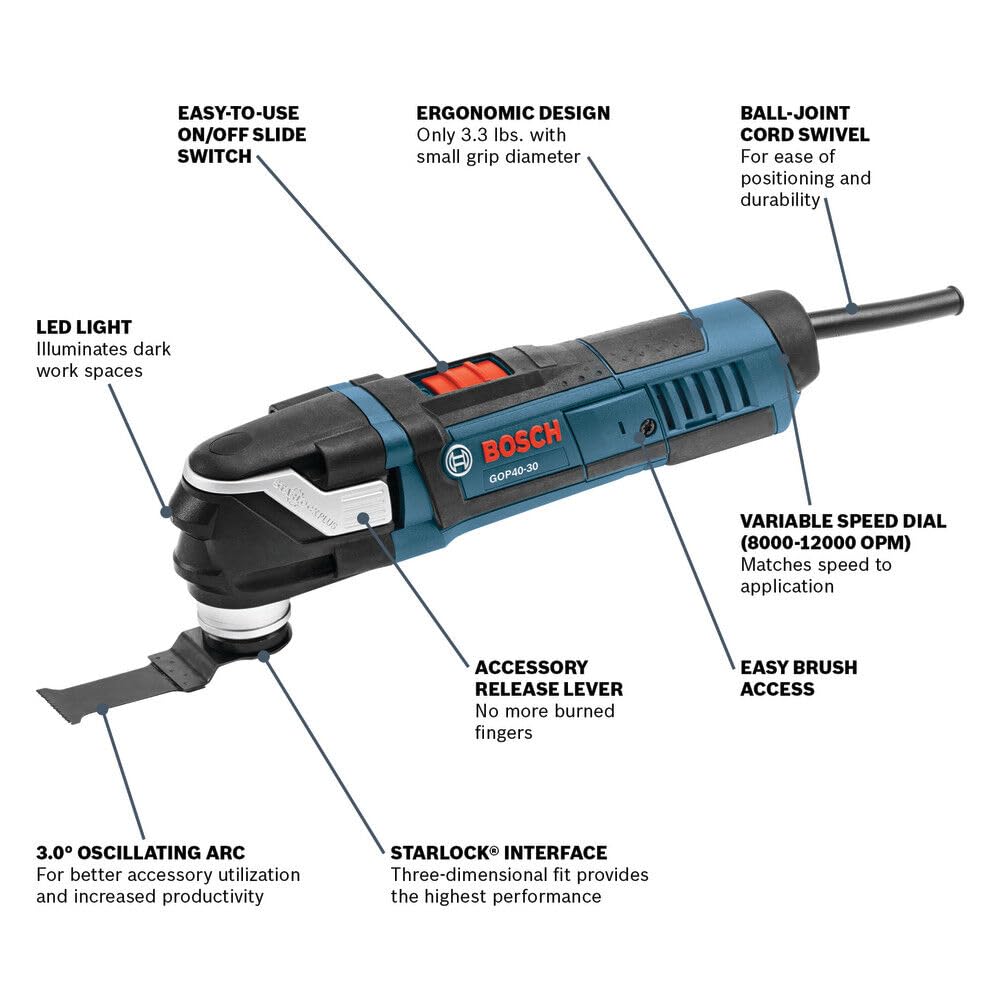 Bosch GOP40-30B-RT Multi-X 3.0 Amp StarlockPlus Oscillating Tool Kit w/Snap-In Blade Attachment (Renewed)